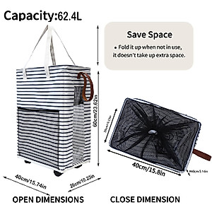 HiCharmcci Laundry Hamper, Wheeled Collapsible Clothes Hampers for Laundry, Large 82L, Dark Blue Strips, Sturdy Oxford Fabric, Mesh Closure, Portable Handle, Transparent Window