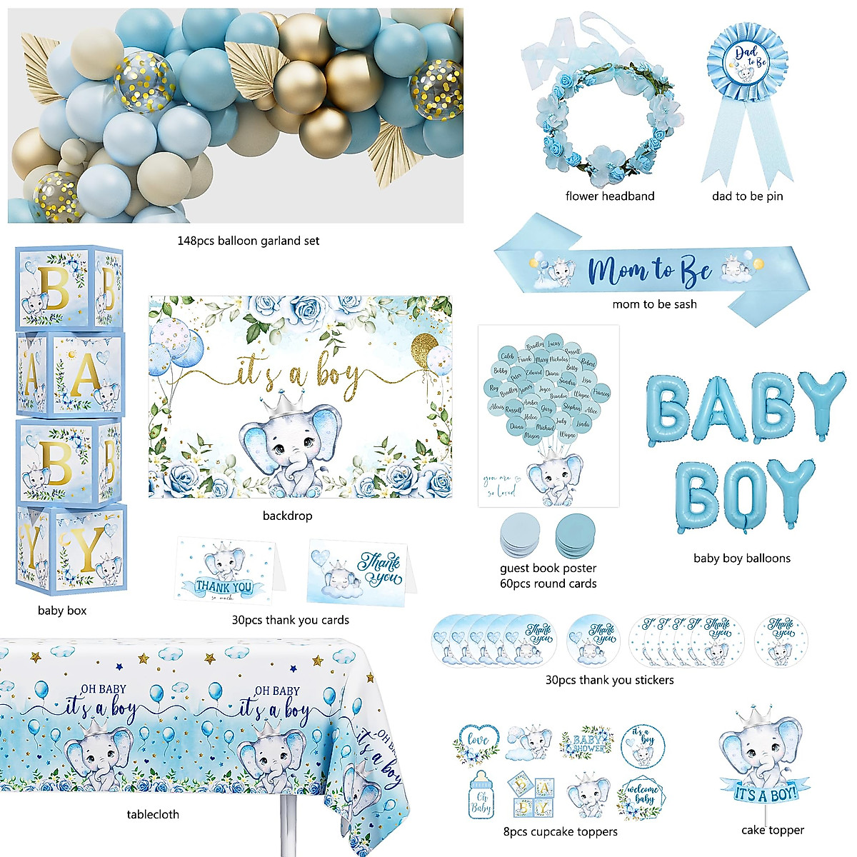 Elephant Baby Shower Decorations for Boy, Blue Elephant Baby Shower Party Supplies, It's a Boy Backdrop Tablecloth Elephant Balloon Arch BABY Box Mom to Be Sash Dad to Be Pin
