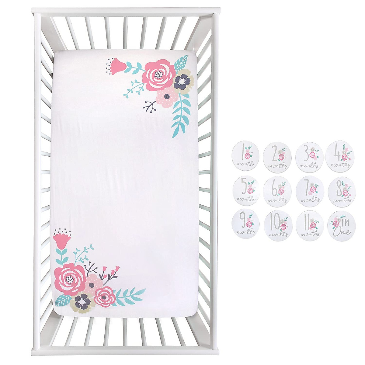 Fisher Price Cotton Fitted Crib Sheet Woodland Wonders Forest Theme Milestone Blanket for Baby Girl with Milestone Blanket Marker Wreath