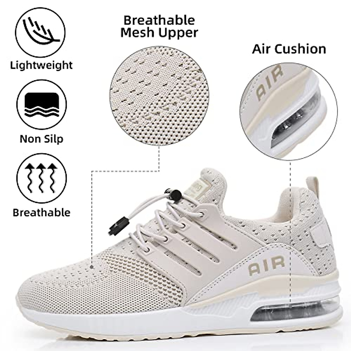 BOGOVER Womens Lightweight Air Running Shoes, Breathable Gym Jogging Running Tennis Sneakers with Air Cushion,No Tie (Khaki, 8)