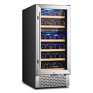 Plotanis 15 Inch Wine Fridge Dual Zone 28 Bottles Under Counter Wine Cooler Refrigerator Built-in or Freestanding with Glass Door Safety Lock