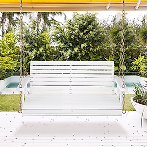 Tangkula 2 Person Hanging Porch Swing, Outdoor Bench Swing with Adjustable Chains, High Back, Cozy Armrests, Wooden Tree Swing Chair for Patio Backyard Deck Garden (White)