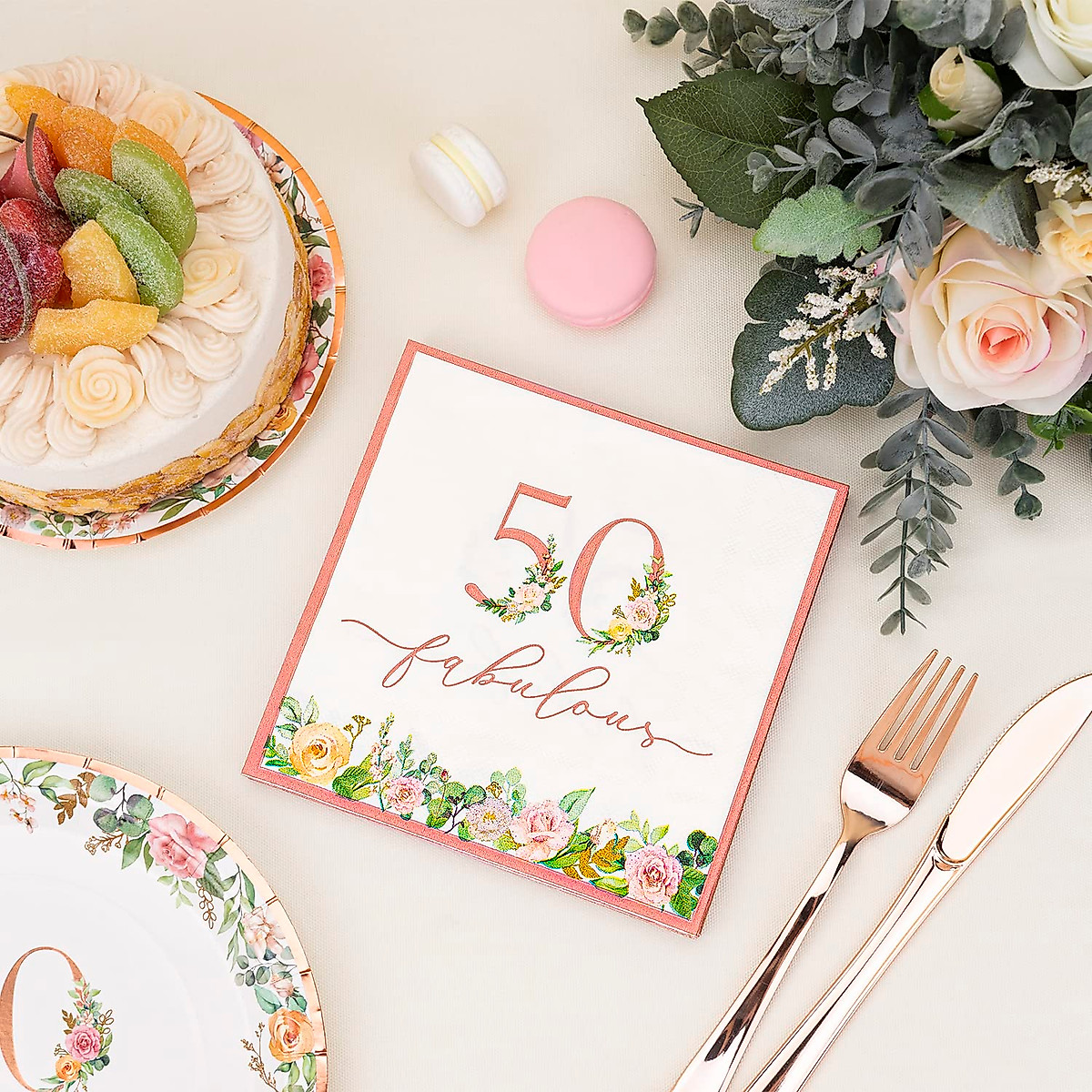 Crisky 50th Birthday Napkins and Plates for Women Rose Gold Floral Party Decoration, 50 and Fabulous Plates and Napkins for Women 50th Birthday.