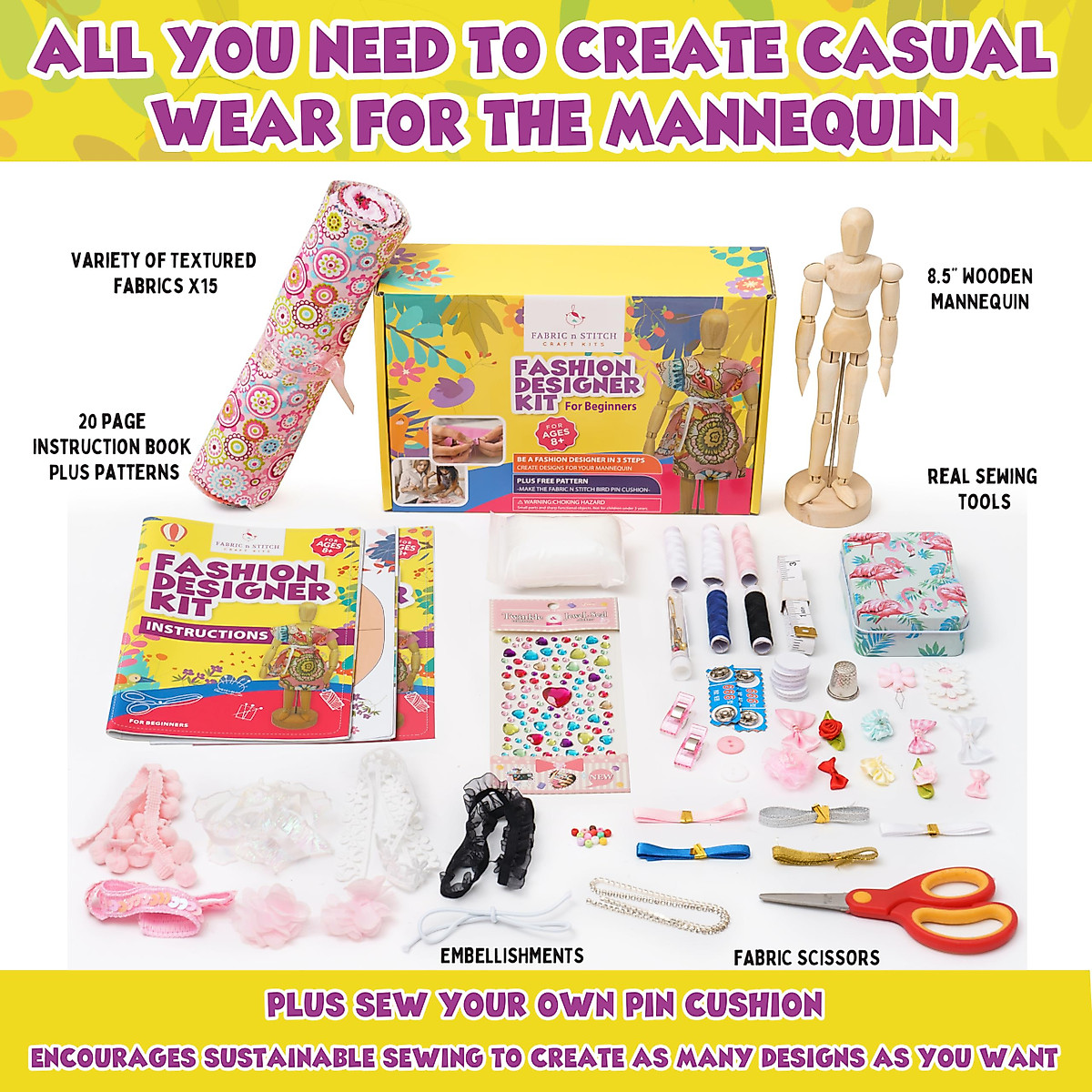 Fashion Designer Kits for Girls & Boys Ages 8+ Learn To Use Draft & Re-Design Patterns, Sew & Be A Fashion Designer For The 8.5 In. Mannequin. Top Gifts For 9 Year Old Girls, Children's Sewing Kits