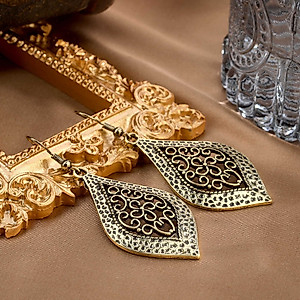 MJartoria Antique Teardrop Hook Dangle Earrings with Filigree Flower Pendant Lightweight Drop Earrings for Womens Hammered Earrings Indian Vintage Bohemian Jewelry