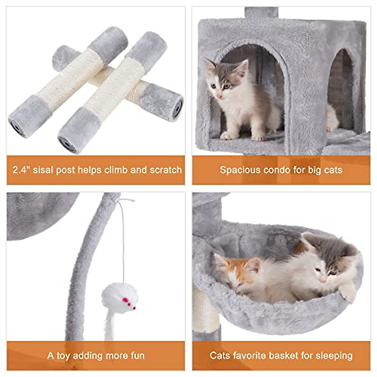 Heybly Cat Tree with Toy, Cat Tower condo for Indoor Cats, Cat House with Padded Plush Perch, Cozy Hammock and Sisal Scratching Posts, Light Gray HCT004SW