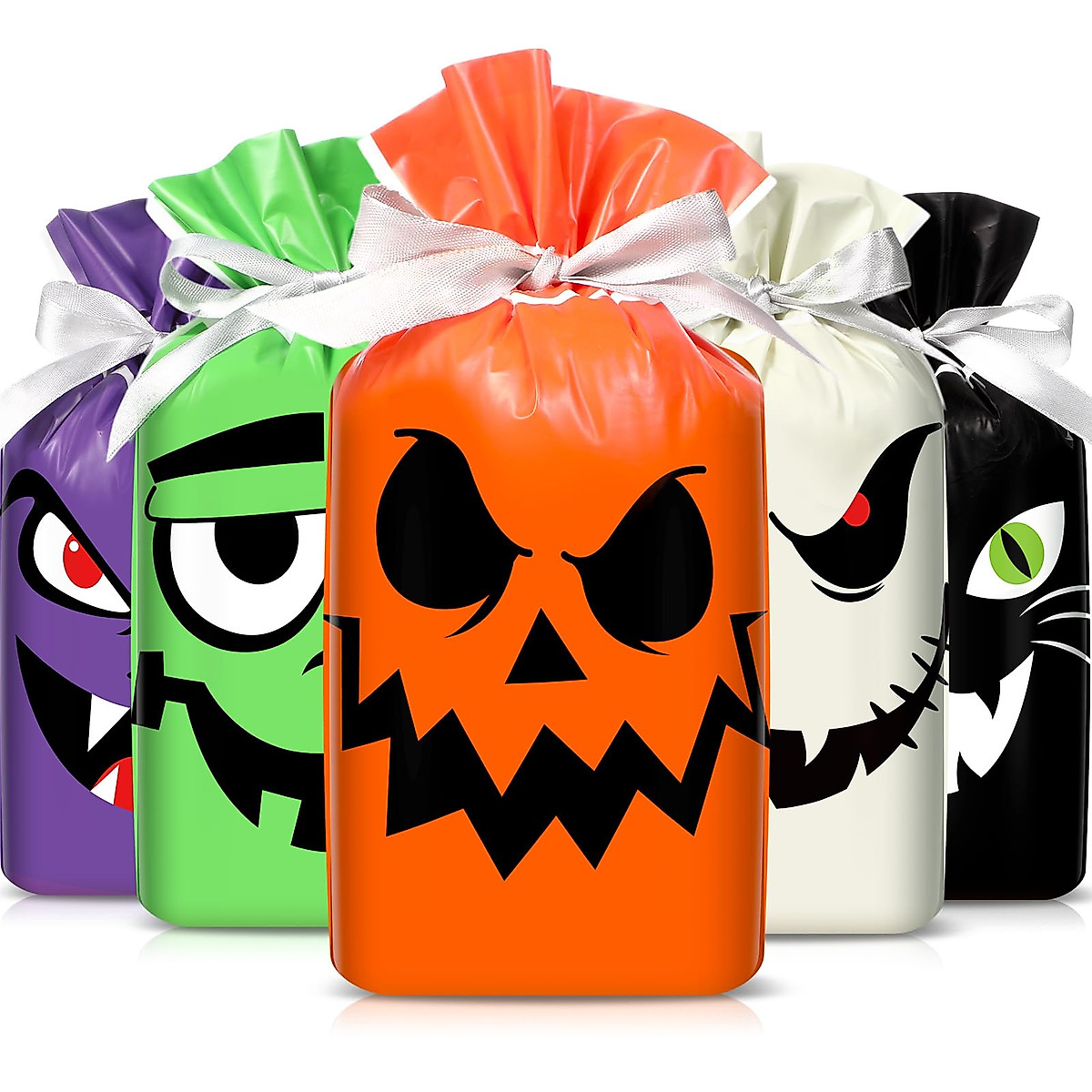Teenyyou 50 Pcs Halloween Drawstring Treat Bags Halloween Candy Bag Halloween Plastic Snack Bag with Drawstring Halloween Theme Goodie Bag for Halloween Trick or Treat Party Favor Supplies