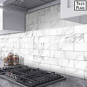 The Tiles Plaza Subway Backsplash Tile Peel and Stick, White Stone Self Adhesive Tiles, Stick on Marble Wall Tile for Kitchen, Bathroom, Fireplace. 12 x 12 Inch 10 Sheets