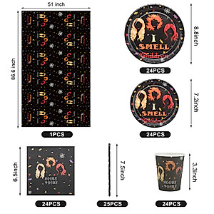 Halloween Hocus Pocus Party Decorations Supplies Tableware - Include Dinner Plates, Cups, Napkins, Tablecloth, Straws for Halloween Hocus Pocus Witch Birthday Baby Shower Party Supplies - Serve 24