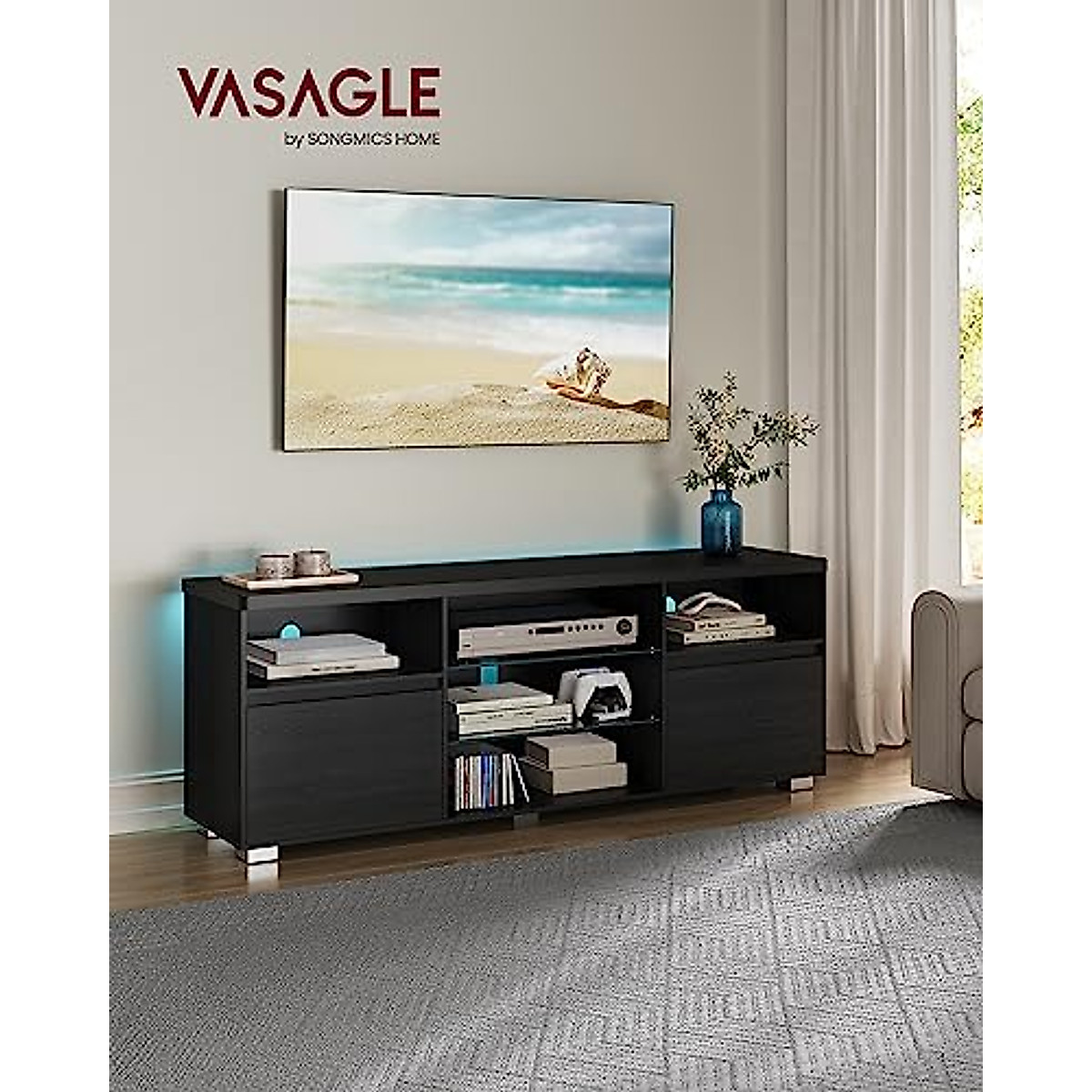 VASAGLE TV Stand with LED Lights for TVs up to 70 Inch, Entertainment Center with Open Glass Shelves, 2 Cabinets with Doors, 63-Inch Long, TV Console for Bedroom Living Room, Black ULTV330T21