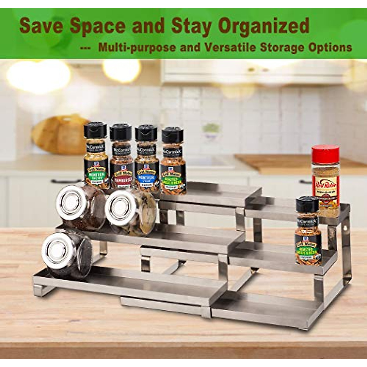 ALhom Spice Rack Organizer for Cabinet/Wall Mount/Countertop/Pantry - 3 Tier Expandable Spice Shelf - Stainless Steel