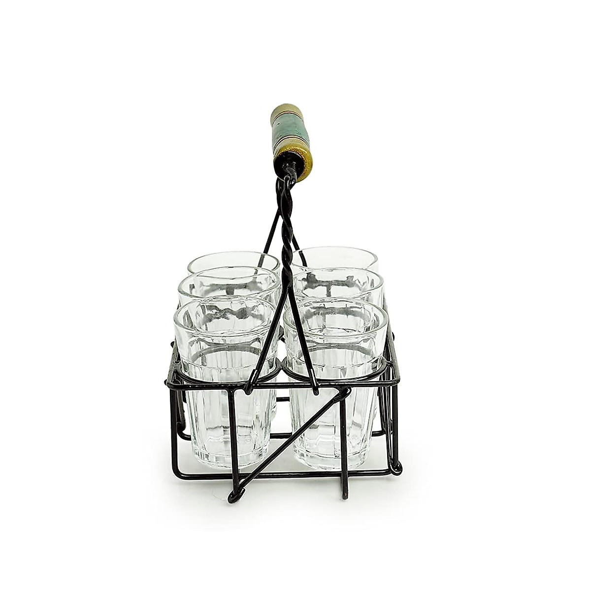 ExclusiveLane 'The Railway Nostalgia' Tea Glasses with Iron Holder (Set of 6, 120ml) - Cutting Chai Glasses with Stand Indian Style Tea Glass Tea Cup Handpainted Iron Carrier Stand Organizer