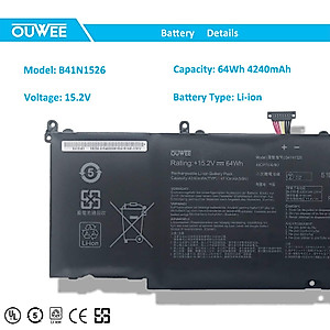 OUWEE B41N1526 Laptop Battery Compatible with Asus FX502VM FX60VM FX502VM-AS73 FX502VM-FY361T ROG Strix GL502VT GL502VT-DS74 GL502VM-FY039T S5 S5V S5VM Series Notebook 0B200-0194000 15.2V 64Wh 4240mAh