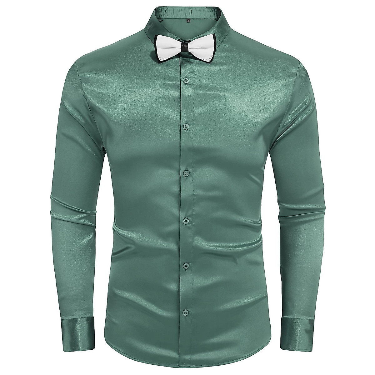 URRU Men's Luxury Shiny Silk Like Satin Dress Shirt Long Sleeve Slim Fit Casual Muscle Button Up Shirts Light Green L