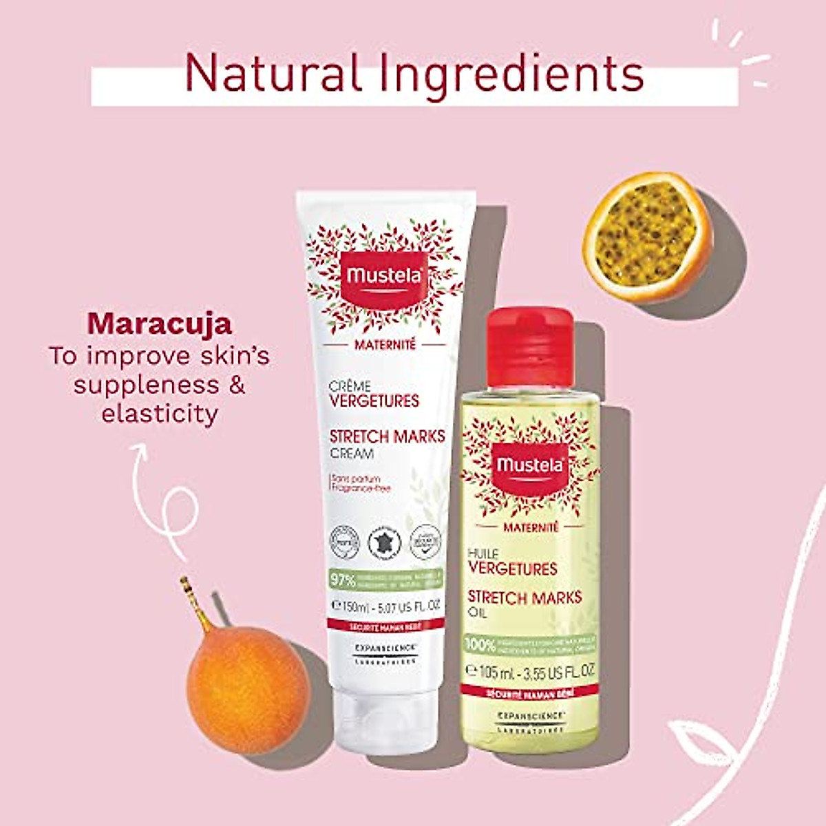 Mustela Maternity Stretch Marks Set - Natural Pregnancy Skincare - Contains Stretch Marks Cream & Belly Oil - EWG Verified & Fragrance-Free - 2 Items Set