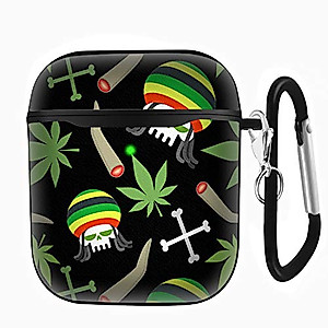 Slim Form Fitted Printing Pattern Cover Case with Carabiner Compatible with Airpods 1 and AirPods 2 / Rasta Skull and Marijuana Leaf Pattern