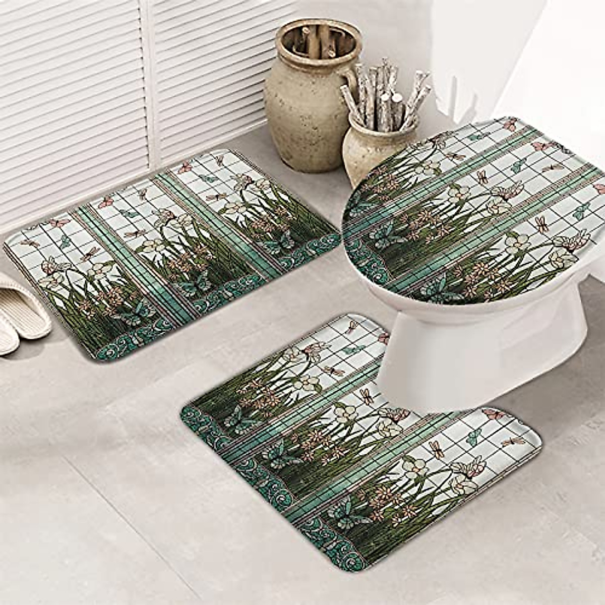 3 Piece Bath Rugs Sets, Large Flower Butterfly Dragonfly Grass Spring Non Slip Bathroom Carpet, Water Absorbent U-Shaped Toilet Mat, Toilet Lid Cover