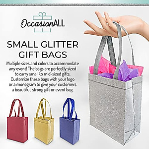 Silver Gift Bags - 12 Pack Medium Silver Reusable Gift Bag Tote with Handles, Glitter Metallic Bling Shimmer, Eco Friendly for Kids Birthdays, Bridesmaids, Party Favors, Grocery Shopping - 8x4x10