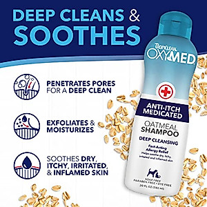 TropiClean Oxymed Medicated Cat & Dog Shampoo For Itchy Skin, Skin Soothing Oatmeal Shampoo For Dogs & Cats 20 Ounce