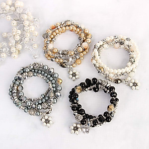 RIAH FASHION Bohemian Multi Strand Faux Pearl Bracelets - Layer Beaded Statement Stretch Lovely Crystal Bangles Star, Heart (Butterfly - Black)