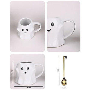 Vroknvs Spooky Ghost Mug - Novelty Ceramic Mug 14oz White Ceramic Ghost Shaped 3D Coffee Cup with Handle and Spoon - Perfect for Halloween Decor and Best Gifts for Coffee Lover