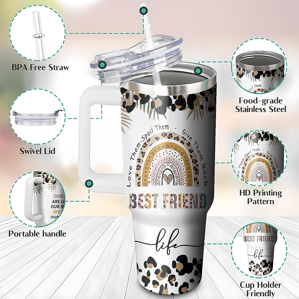 Ksoemar 40 Oz Best Friend Tumbler with Handle and Straw, Double Wall Stainless Steel Best Friend Cup for Women, Best Friends Mug Gifts Ideas for Women Birthday, Mothers Day, Christmas