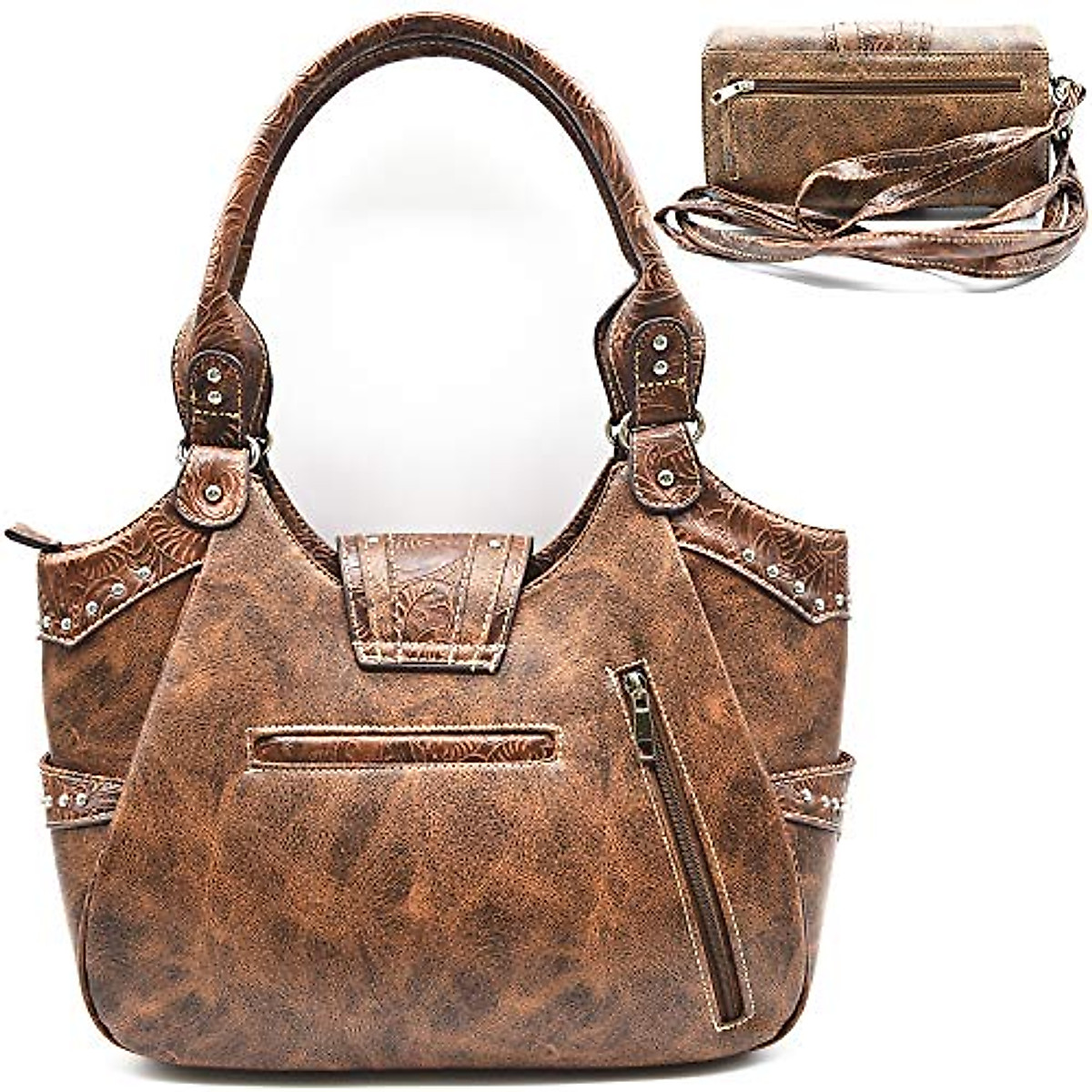 Western Style Tooled Leather Conceal Carry Purse Buckle Country Large Totes Handbag Women Shoulder Bag Wallet Set Brown