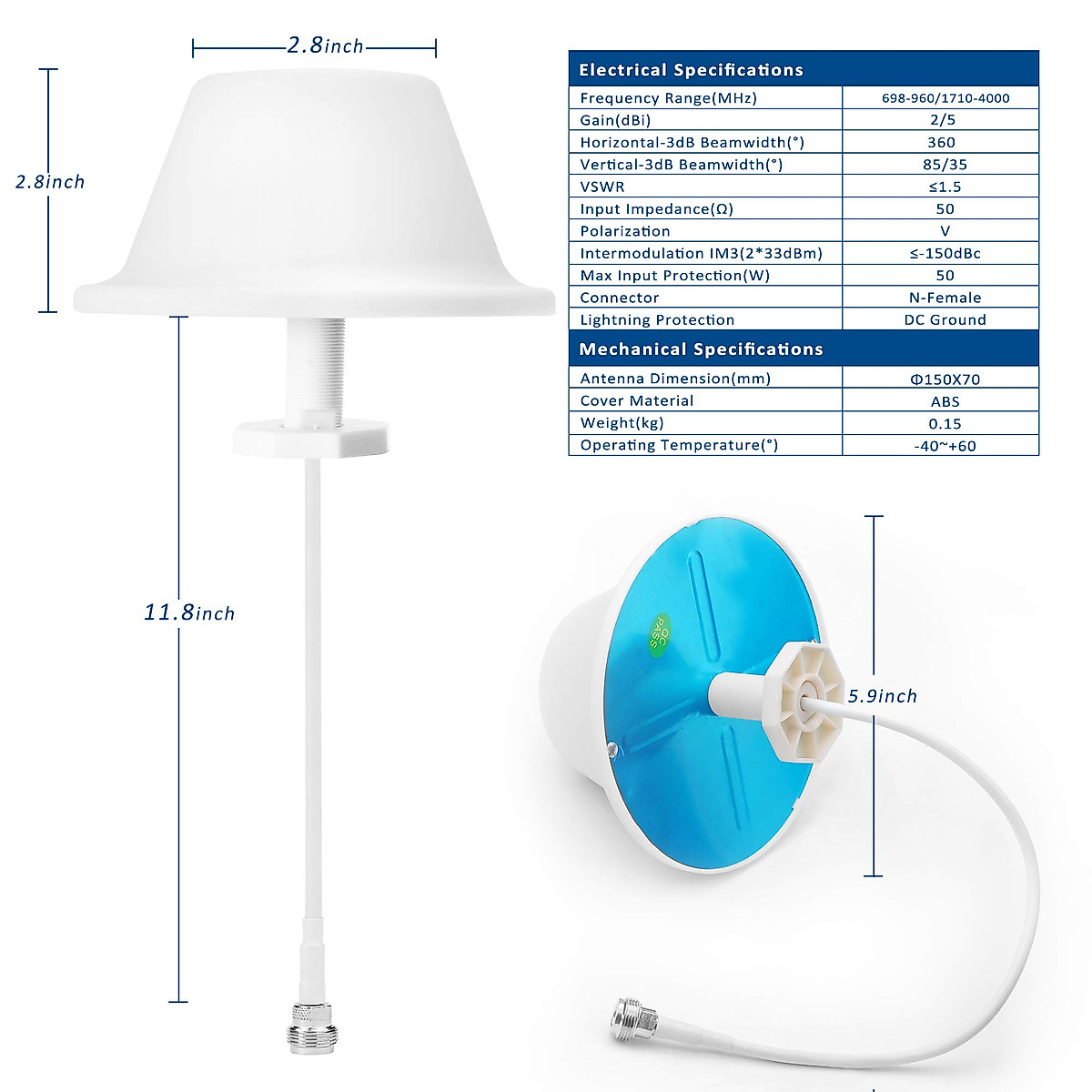 Dome Ceiling Antenna, Omni-Directional Indoor Antenna, Wide Band Dome Antenna with N-Female Connector for Cell Phone Signal Booster - Router Gateway, White (698 to 4000 MHz)