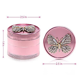 GREASURE Butterfly Pink Grinder 2.5 inch - Aluminum 4 Piece Cute Spice Grinder with Velvet Gift Pouch Bag, Scraper and Brush Tools