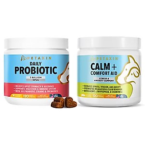 Petaxin Probiotics for Dogs - 6 Strains with Prebiotics - Supports Digestive and Immune System – Relief for Diarrhea, Bad Breath, Allergies, Gas, Constipation, Hot Spots - Made in USA - 120 Chews Peta