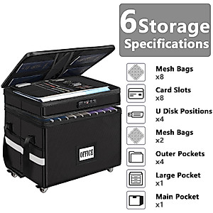 File Box with Wheels, Fireproof Document box with 5 Tabs & Inserts, Rolling File Organizer Cabinet for Home Office, Portable Collapsible File Storage with Lock for Hanging Letter/Legal Size Folder