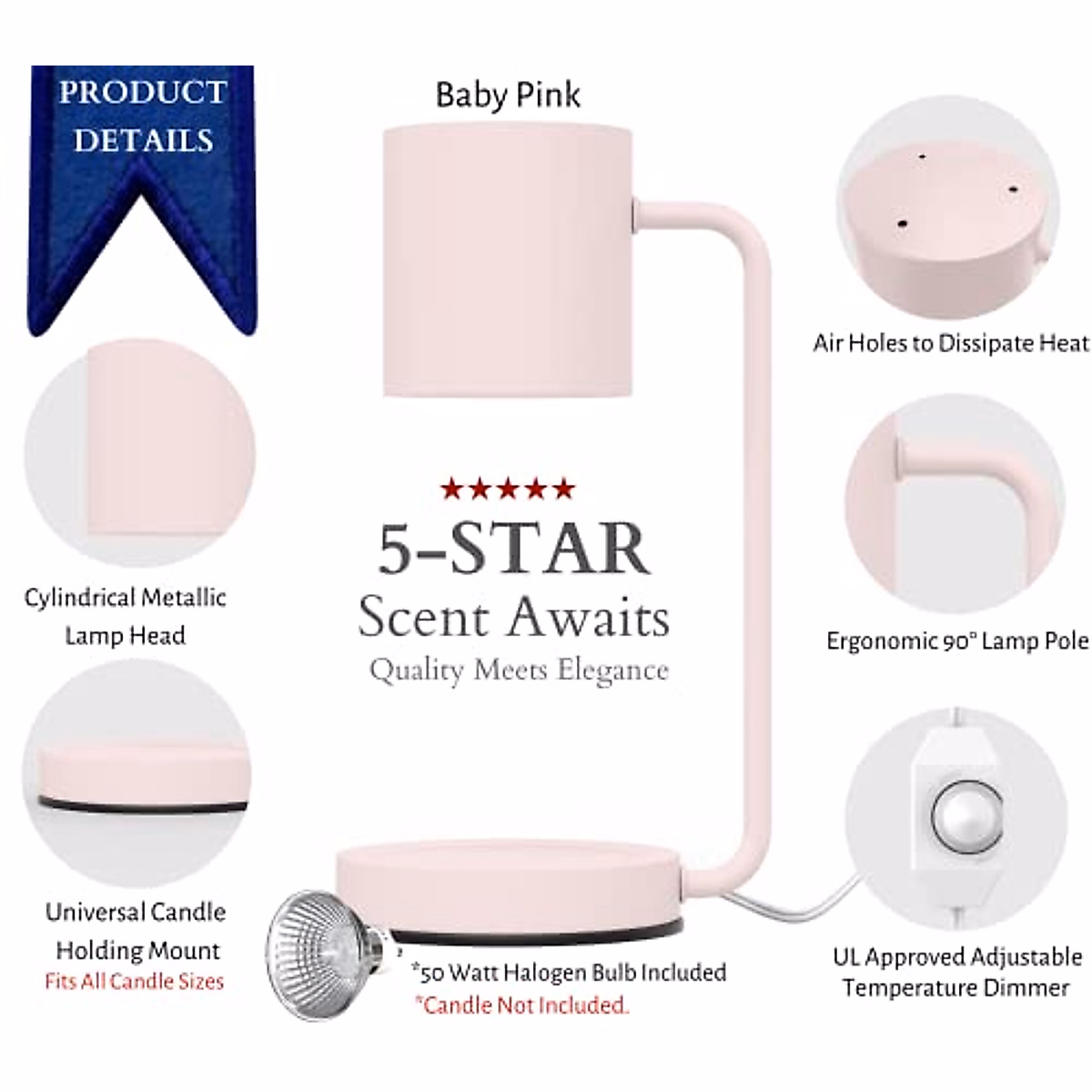 Cozyberry® Querencia Candle Warmer, Compatible with Yankee Candle Large Jar, Metal, Candle Lamp, 110-120V, Dimmable Candle Melter, Candle Warmer Lamp, Small & Large Size Jar Candles (Pink)