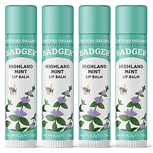 Badger - Classic Lip Balm, Highland Mint, Made with Organic Olive Oil, Beeswax & Rosemary, Certified Organic, Moisturizing Lip Balm, 0.15 oz (4 Pack)