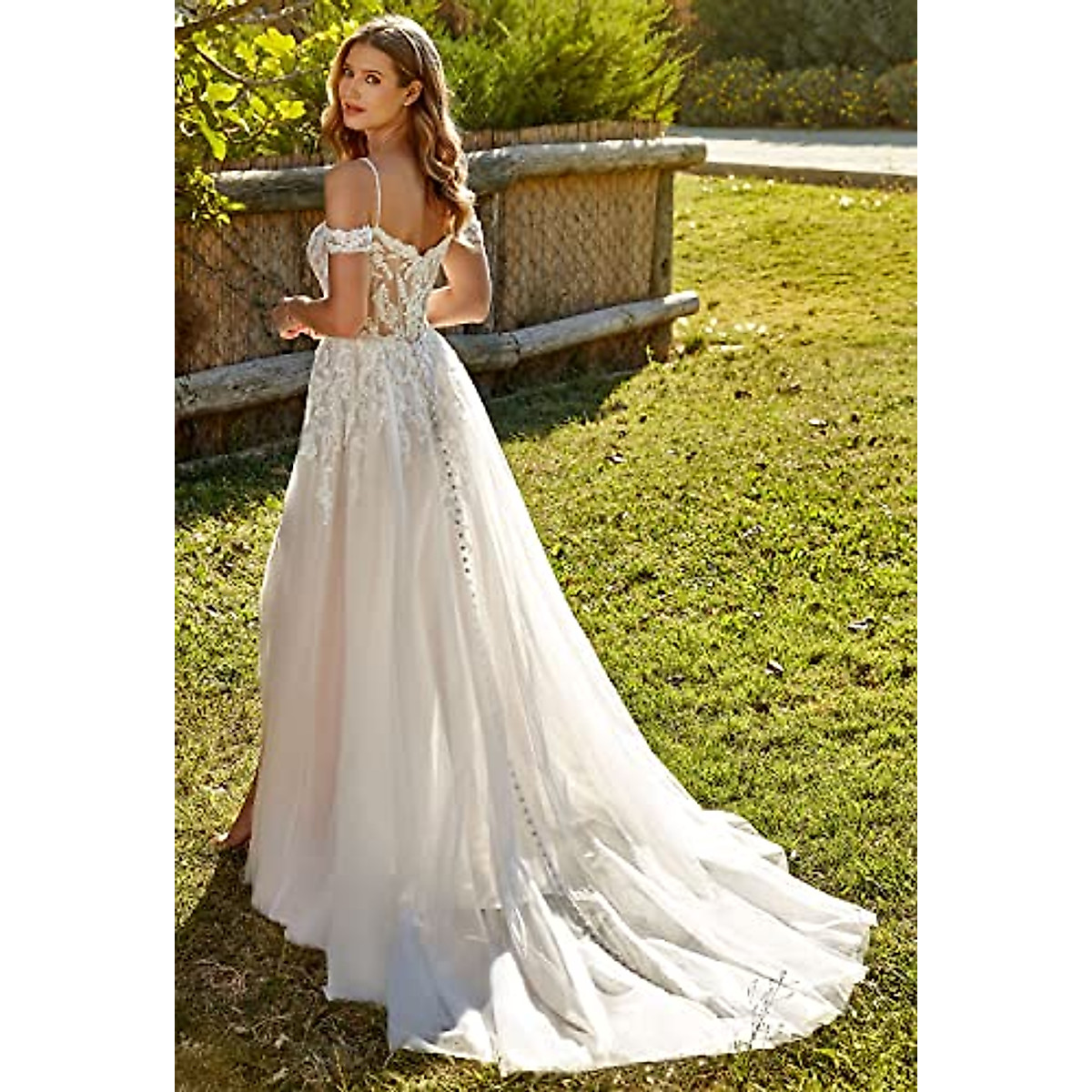 SEIM Plus Size Womens Lace Applique Bodice 2023 Wedding Dress with Slit White Long Empire Waist Off Shoulder Beach Wedding Dress with Slit for Bride 16W