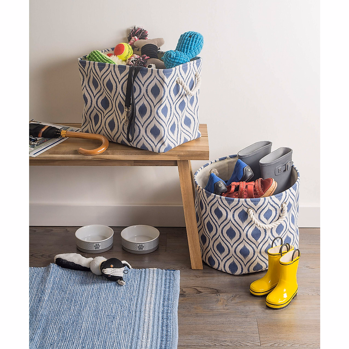 DII Polyester Container with Handles, Ikat Storage Bin, Large Round, Barn Red