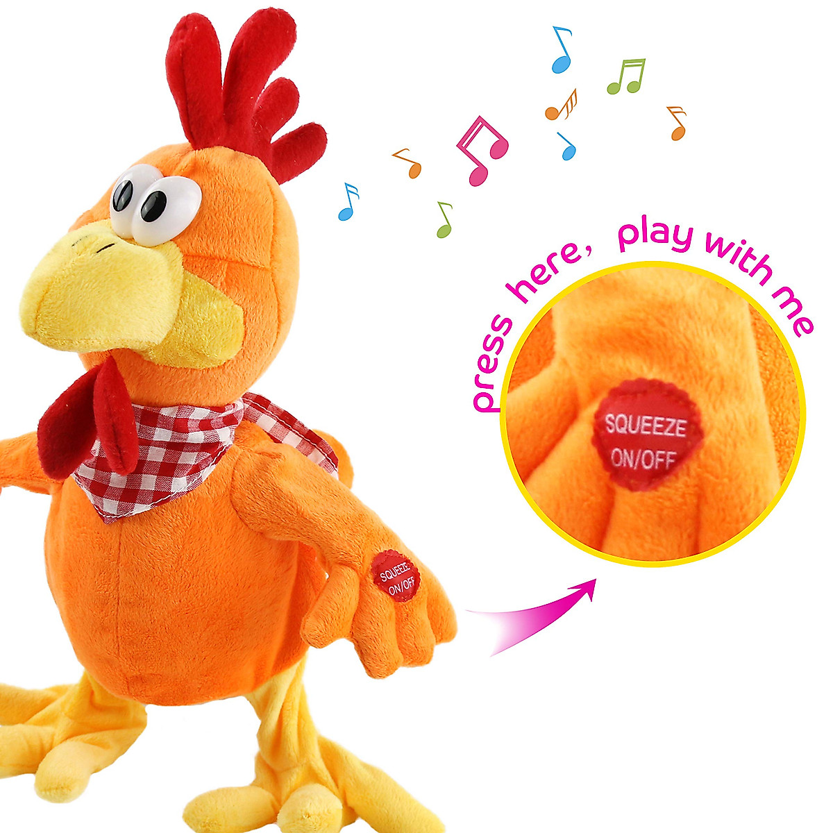 Houwsbaby 15‘’ Electronic Squawking Chicken Toy Chicken Stuffed Animal Interactive Musical Walking Singing Waving Rooster Plush Toy with Bib Gift for Kids Boys Girls Thanksgiving Day