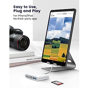 SD Card Reader for iPhone iPad, 4 in 1 Micro SD/SD Card Reader to iPhone Adapter, SD Card Viewer with TF/SD Dual Slot, Portable Camera Memory Card Reader for iPhone with Charging Port, Plug and Play