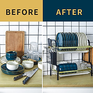 BETTWILL Dish Drying Rack – Carbon Steel Dish Racks for Kitchen Counter – 2 Tier Dish Drying Rack with 2 Drainer Trays,Kitchen Organizer