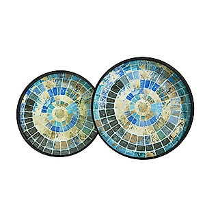 Glitzhome S/2 Modern Nesting End Table Set - Round Sofa Side Tables Living Room Accent Table Nesting Lamp Table with Mosaic Pattern Tray Top
