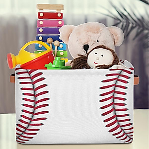 Baseball Storage Bin Basket,Sport Softball Large Toys Storage Cube Box with Handles, Collapsible Laundry Basket Rectangular Waterproof Storage Organizer Bin for Nursery Bedroom Shelves Gift Basket