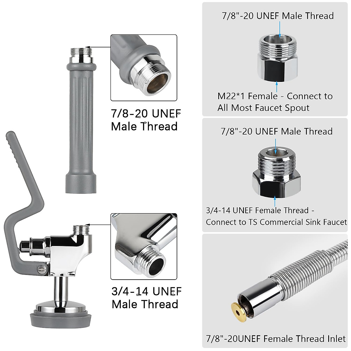 Commercial Sink Sprayer with Flexible Hose & Pre-Rinse Overhead Spring, High-Pressure Dish Spray Valve 38inch Stainless Steel Hose Easy Installation for Home Commercial Restaurant Industrial (Gray)