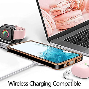 AIGOMARA Compatible with Samsung Galaxy S22 Case with Finger Strap Luxury Cute Heart Plating Phone Case Full Body Protective Kickstand Cover for Galaxy S22 5G 2022 Women Girly - Black