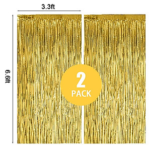 AIBIIN 2 Pack of 3.3x6.6ft Gold Foil Fringe Curtain Gold Streamers Backdrop Curtains for Gold Party Decorations Gold Graduation Wedding Birthday Bachelorette New Year Decor Photo Shoot Props