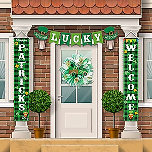 St Patricks Day Decorations Outdoor, Green Buffalo Check Plaid Welcome Banners Porch Signs W LUCKY Garland Banner, Irish Shamrock Happy Saint Patrick's Day Décor for Home Party Door Classroom Office