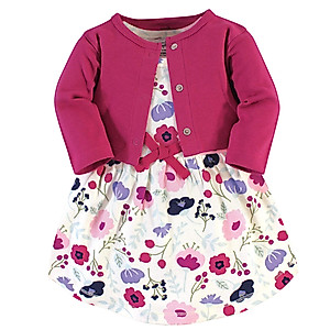 Touched by Nature Baby Girls' Organic Cotton Dress and Cardigan, Pink Botanical, 18-24 Months
