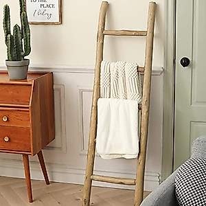 FUIN Fully Assembled 5 Ft Wood Decorative Wall Leaning Blanket Ladders Bathroom Storage Quilt Towel Display Rack Shelf Holder Rustic Farmhouse, Brown