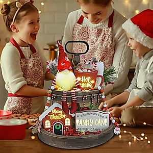 Christmas LED Tiered Tray Decor - Candy Cane, Xmas Plush Gnome, Wood Beads Garland & Mini Banner