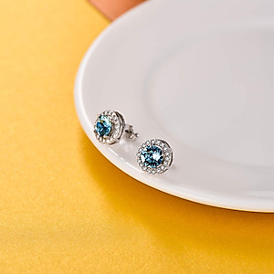AOBOCO Sterling Silver Halo Earrings Stud Earrings for Women, Simulated Aquamarine Birthstone Crystals from Austria, Blue Wedding Gifts Earrings for Bride Anniversary Birthday Jewelry for Wife