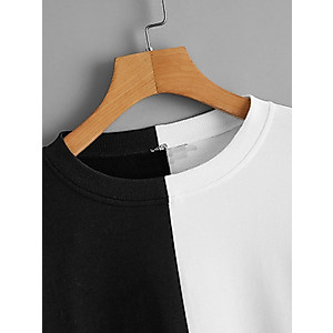 SweatyRocks Women's Crew Neck Color Block Long Sleeve Tunic Pullover Sweatshirt Top Black White XL