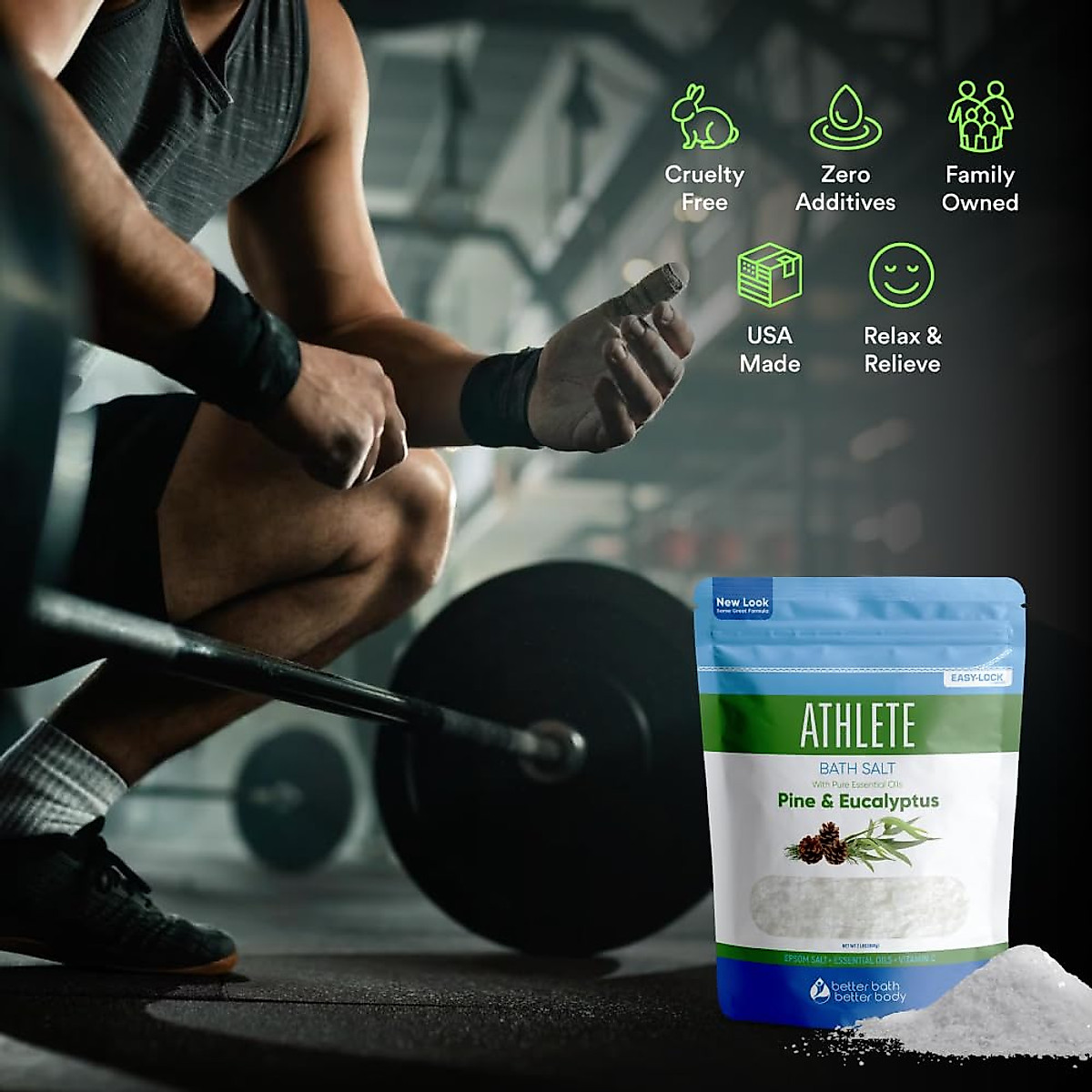 Athlete Bath Salt 32 Ounces Epsom Salt with Natural Lavender, Pine, Peppermint and Eucalyptus Essential Oils Plus Vitamin C in BPA Free Pouch with Easy Press-Lock Seal